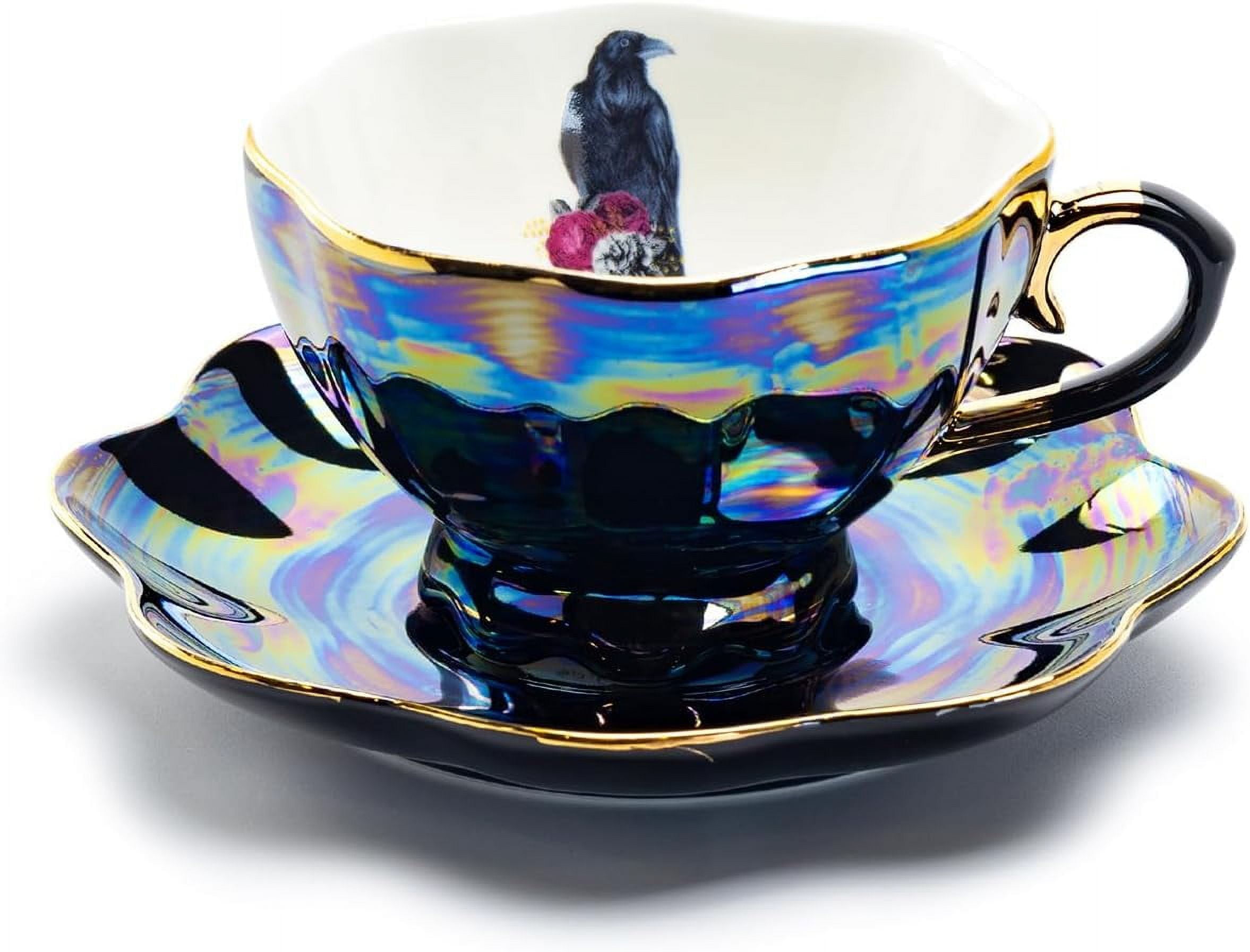 Grace Teaware Crow with Red Roses Black Gold Luster Tea Cup and Saucer ...