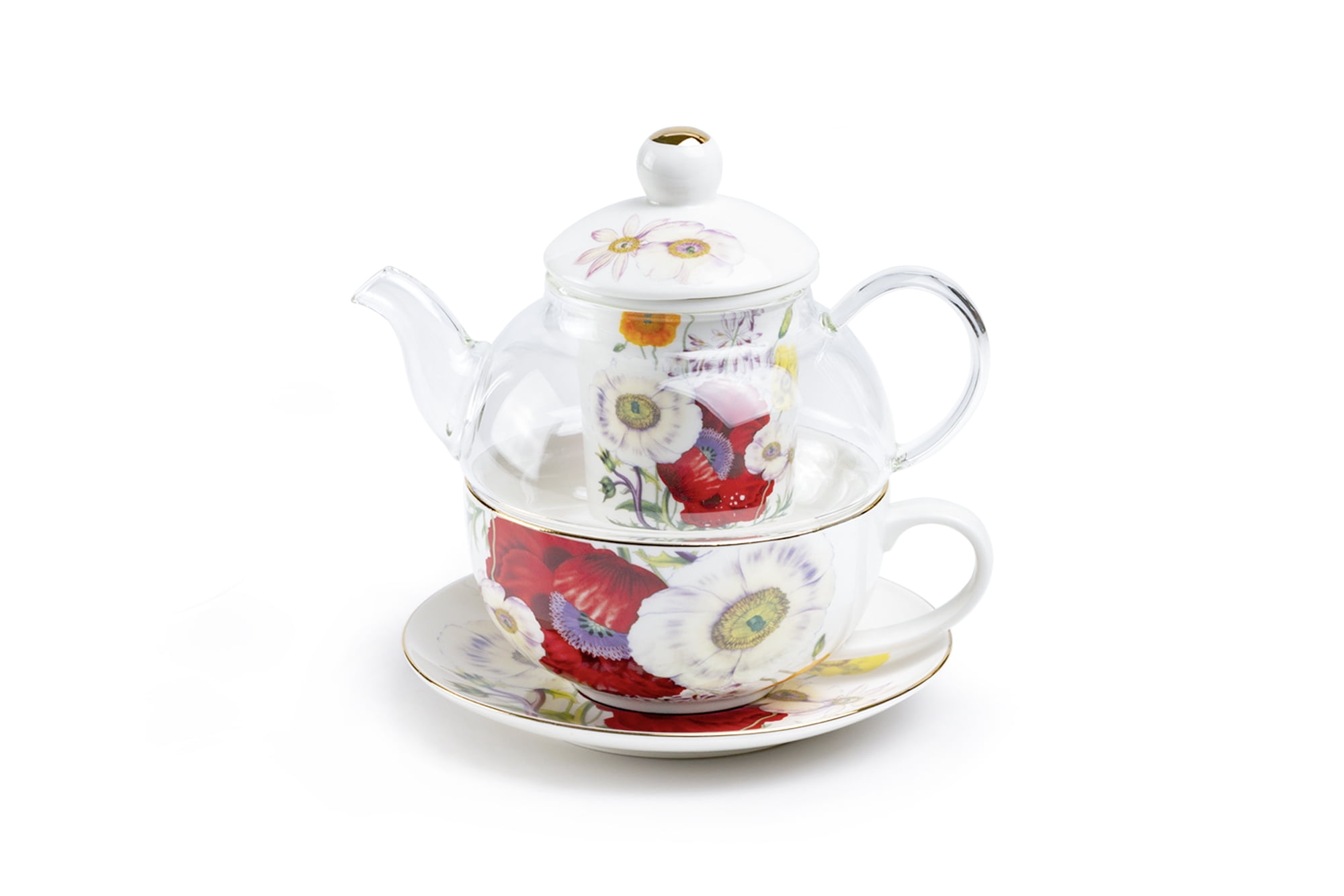 Grace Teaware Poppy Field Glass and Fine Porcelain Tea For One Set ...