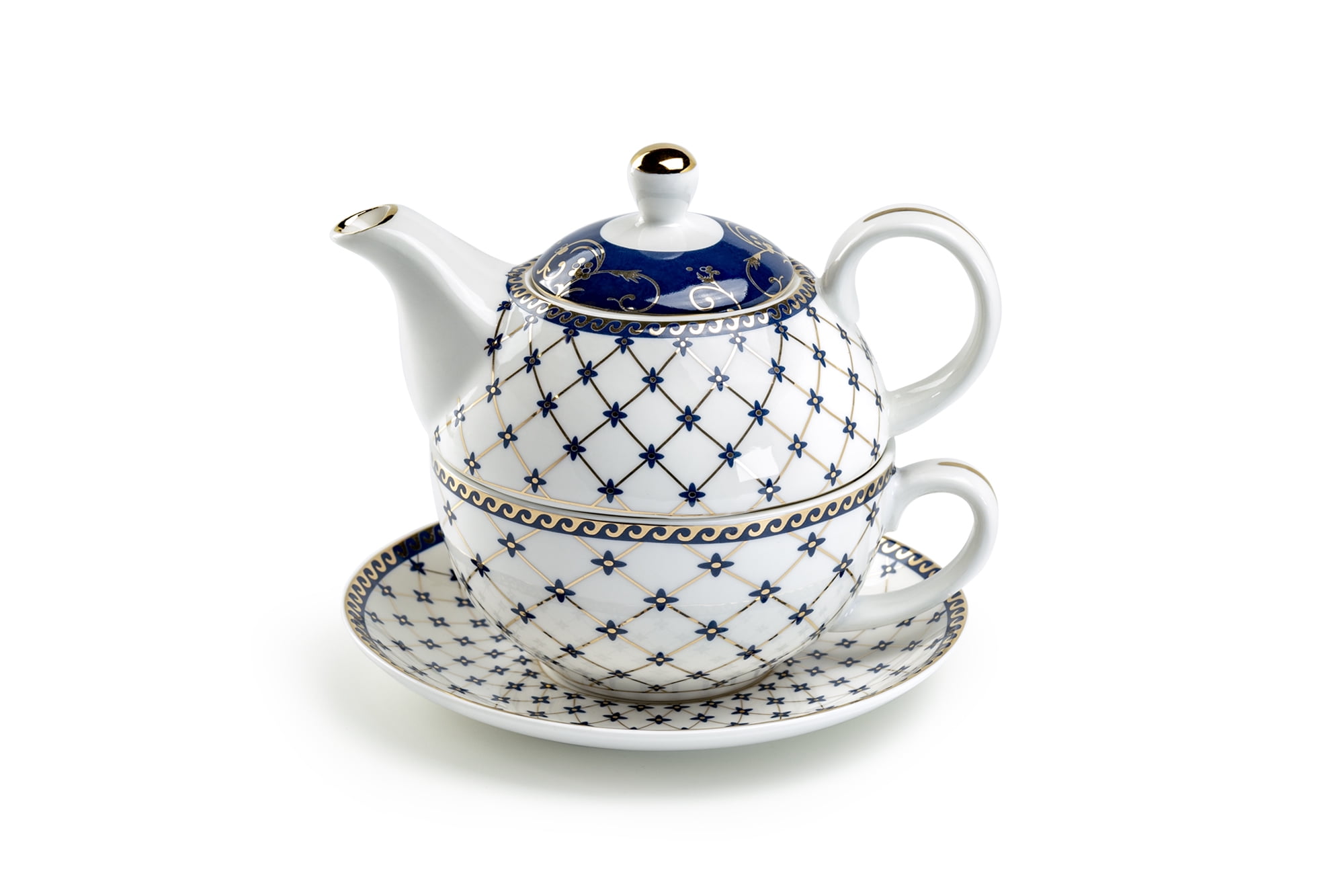 Grace Teaware Trellis Blue Gold Fine Porcelain Tea For One Set ...
