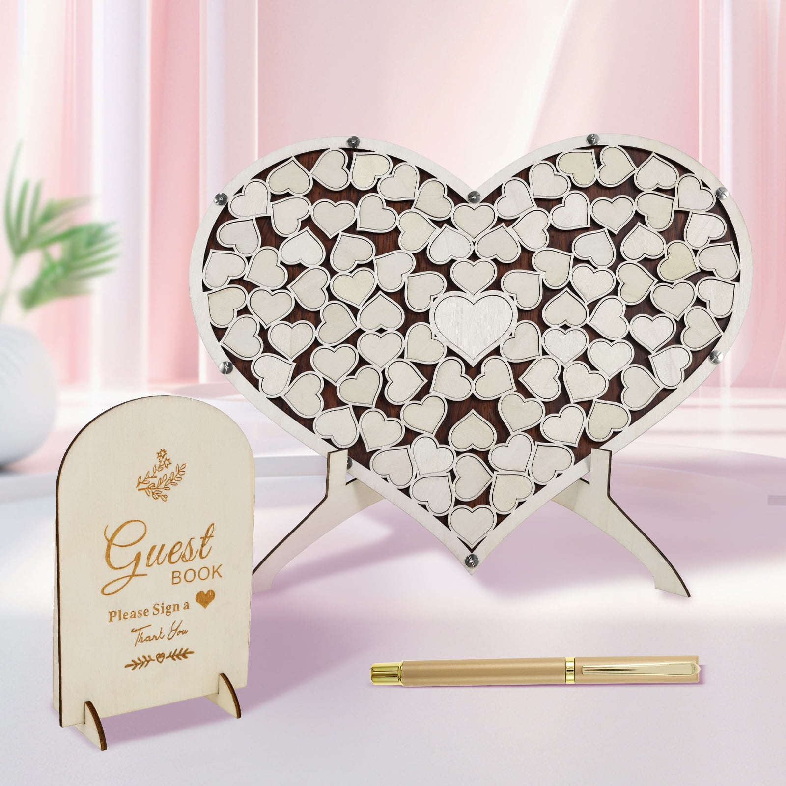 Grace Wood Wedding Guest Book with 86 Wooden Hearts Heart Shaped ...