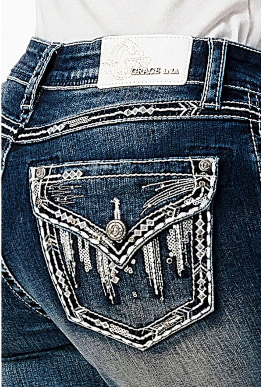 Grace in LA Women's Aztec Embroidered Faux Flap Pockets Bootcut Stretch ...