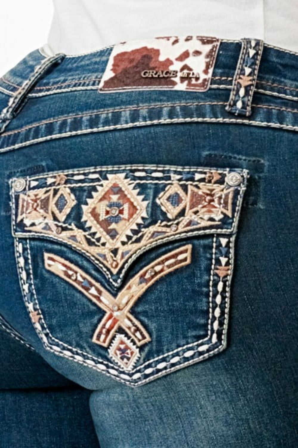 Grace in LA Women's Aztec Embroidered Faux Pocket Embellish Bootcut ...