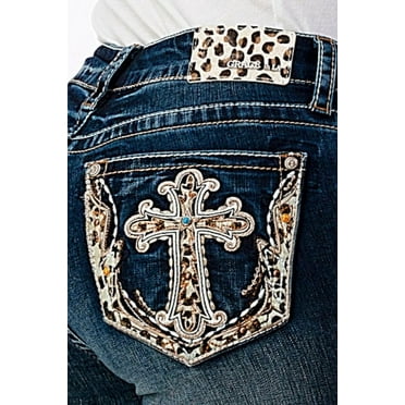 Grace in LA Women's Cross Embroidered Embellished Pocket Bootcut ...