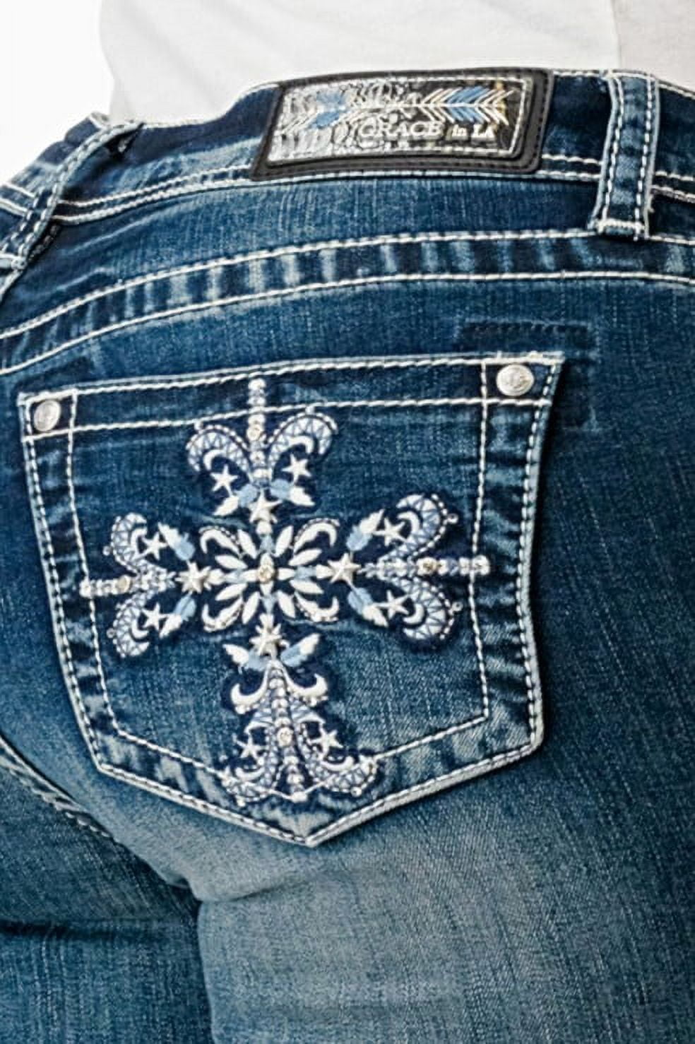 Grace In La Women's Medium Wash Mid Rise Cross Embroidered Stretch ...