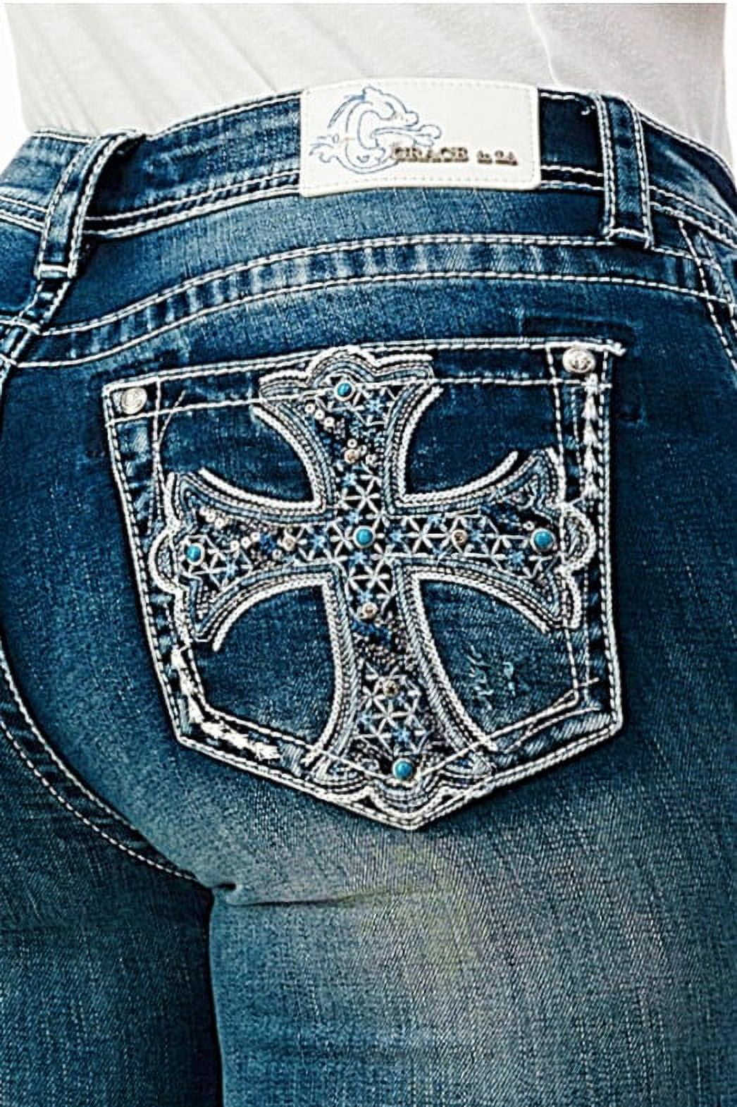 Grace in LA Women's Cross Embroidered Embellished Pocket Bootcut ...