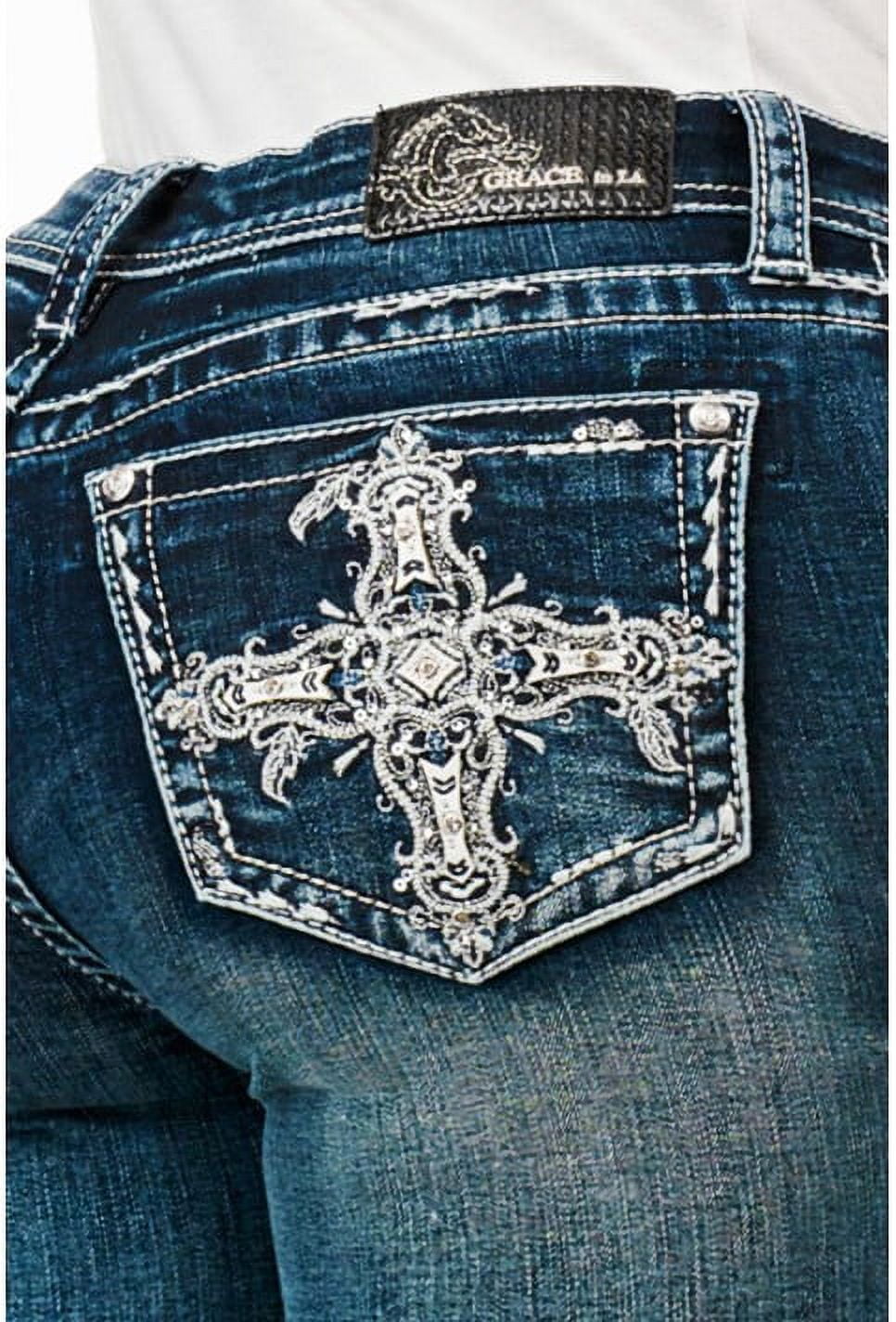 Grace in LA Women's Cross Embroidered Rhinestones Stretch Bootcut Jeans ...