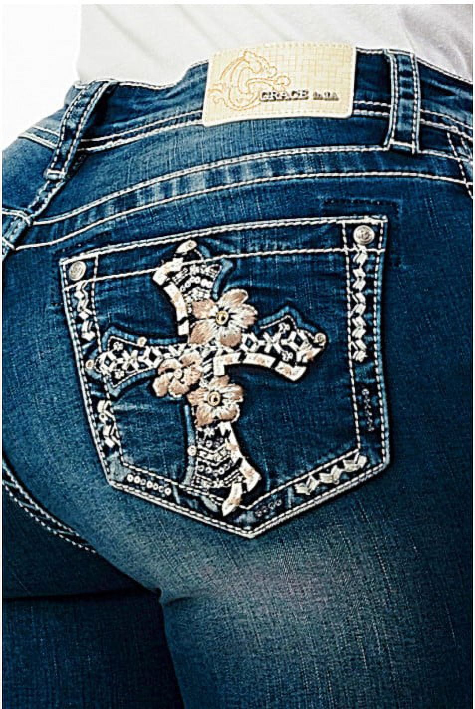 Grace in LA Women's Bootcut Stretch Jeans, Cross Floral Embroidered ...