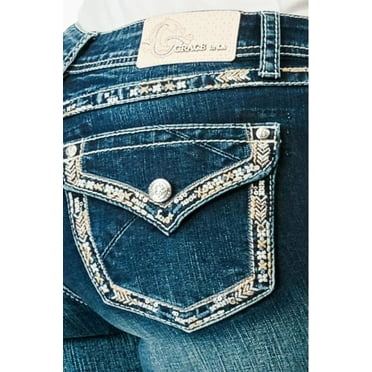 Grace in LA Women's Cross Embroidered Embellished Pocket Bootcut ...