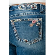 Grace In LA Women's Floral Crystal Embellished Pockets Bootcut Stretch ...