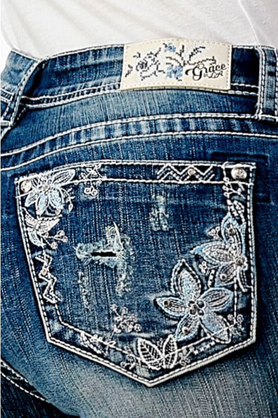 Grace in LA Women's Floral Embroidered Pockets Distressed Bootcut ...
