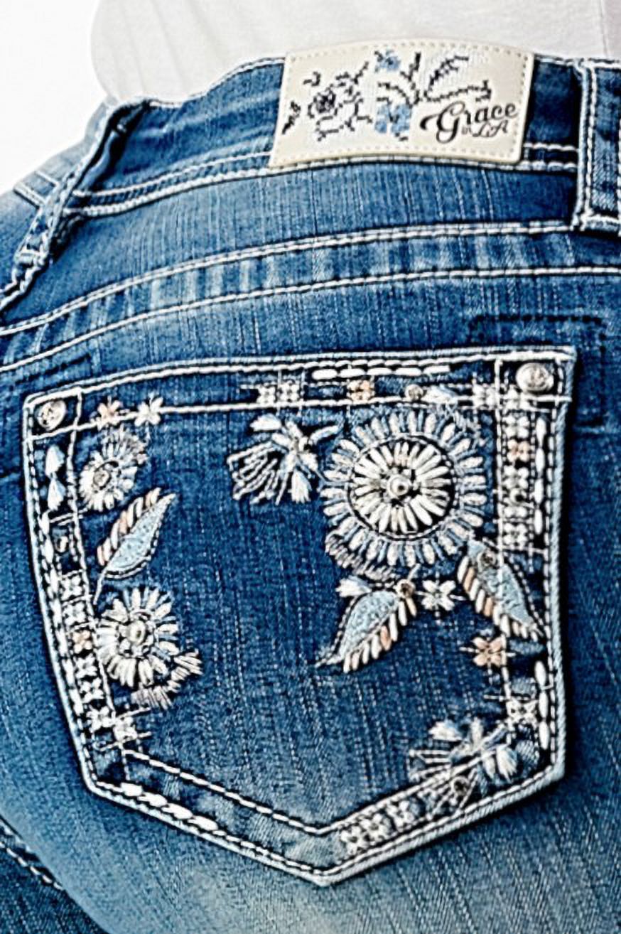 Grace in LA Women's Floral Embroidered Pockets Distressed Bootcut ...