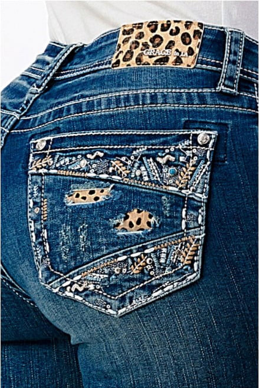 Grace in LA Women's Leopard Insert Embroidered Distressted Bootcut ...