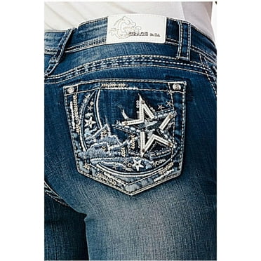 Grace In LA Women's Floral Crystal Embellished Pockets Bootcut Stretch ...