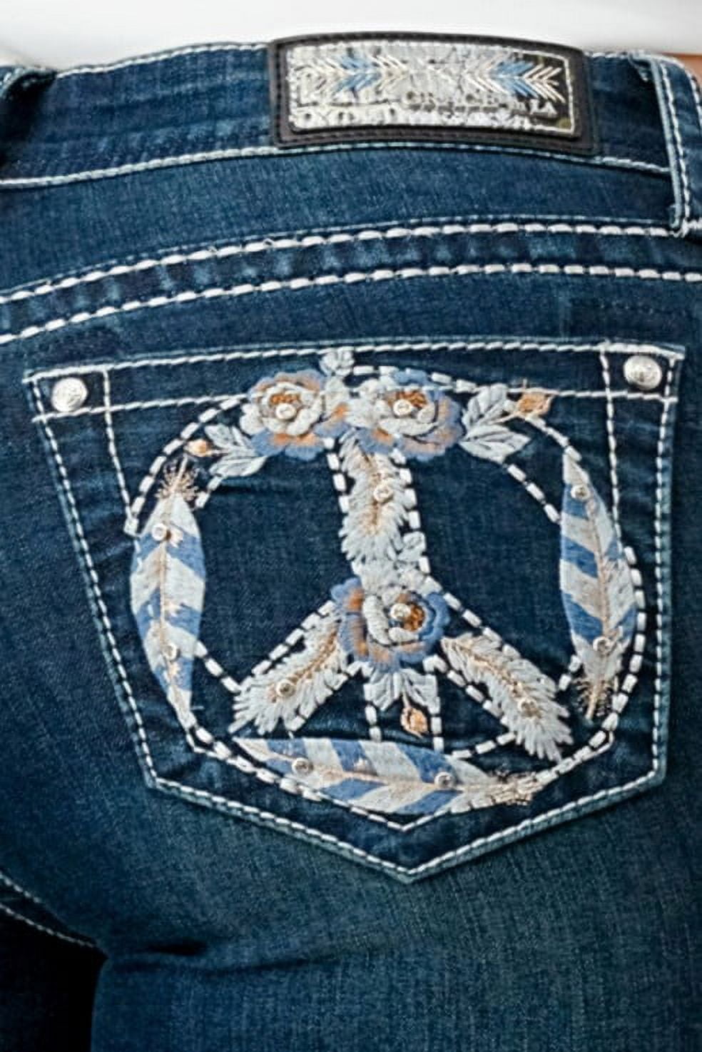 Grace in LA Women's Peace Sign Feather Rose Floral Embroidered Bootcut ...