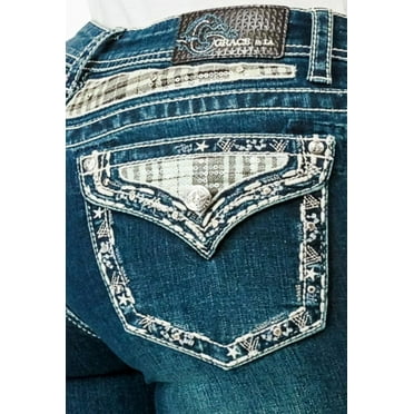 Grace in LA Women's Cross Embroidered Pocket Distressed Bootcut Stretch ...