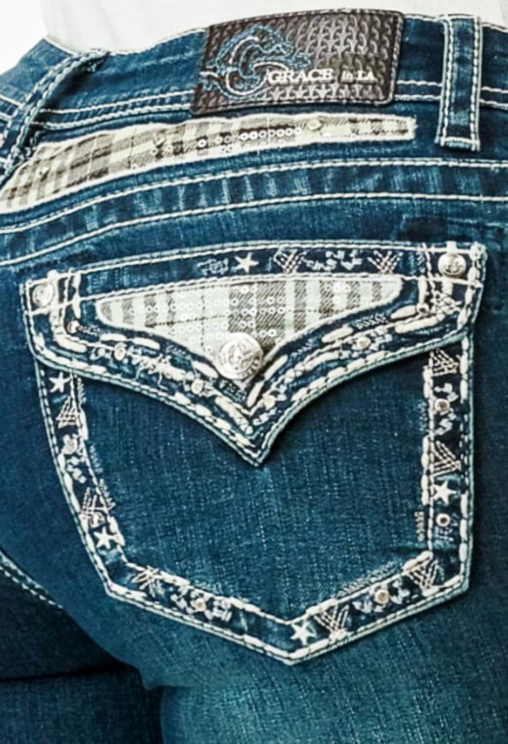 Grace in LA Women's Plaid Faux Flap Pockets Embroidered Stretch Bootcut ...