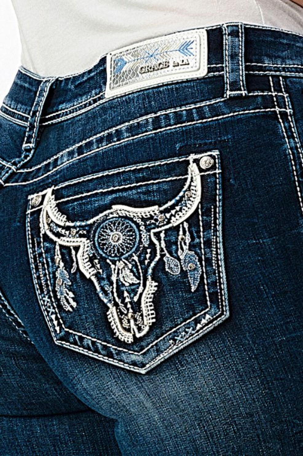 Grace in LA Women's Steerhead Feather Embroidered Pocket Bootcut ...