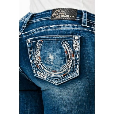 Grace in LA Women's Cross Embroidered Embellished Pocket Bootcut ...