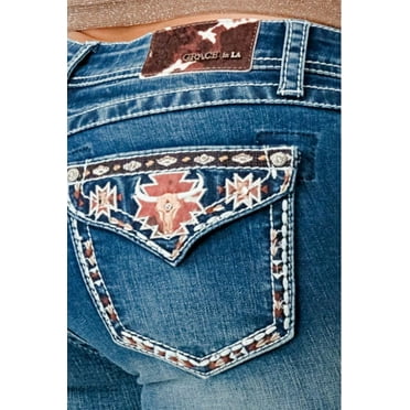 Grace in LA Women's Cross Floral Embroidered Pocket Bootcut Stretch ...
