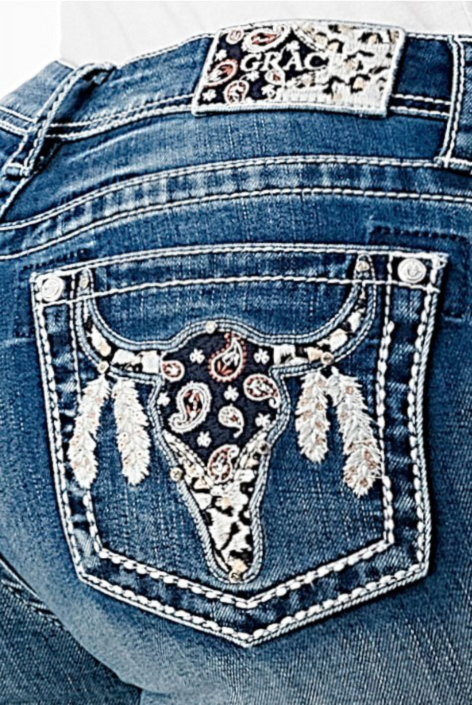 Grace in LA Women's Western Steerhead Feather Embroidered Stretch ...