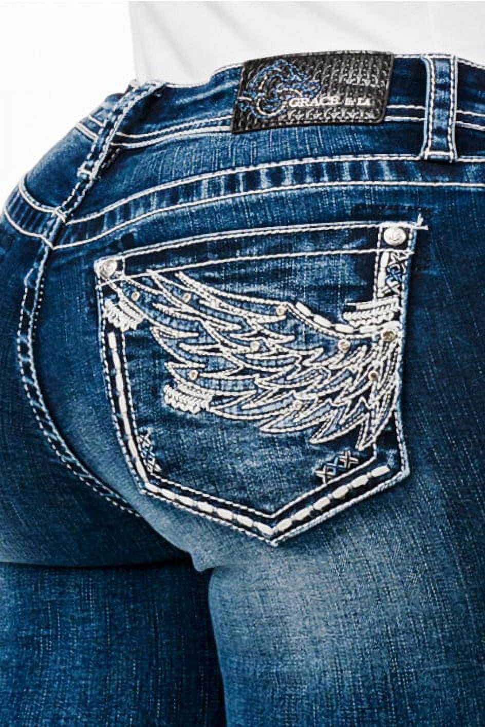Grace in LA Women's Wing Embroidered Rhinestones Stretch Bootcut Jeans ...