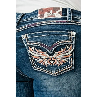 Grace in LA Women's Cross Embroidered Embellished Pocket Bootcut ...