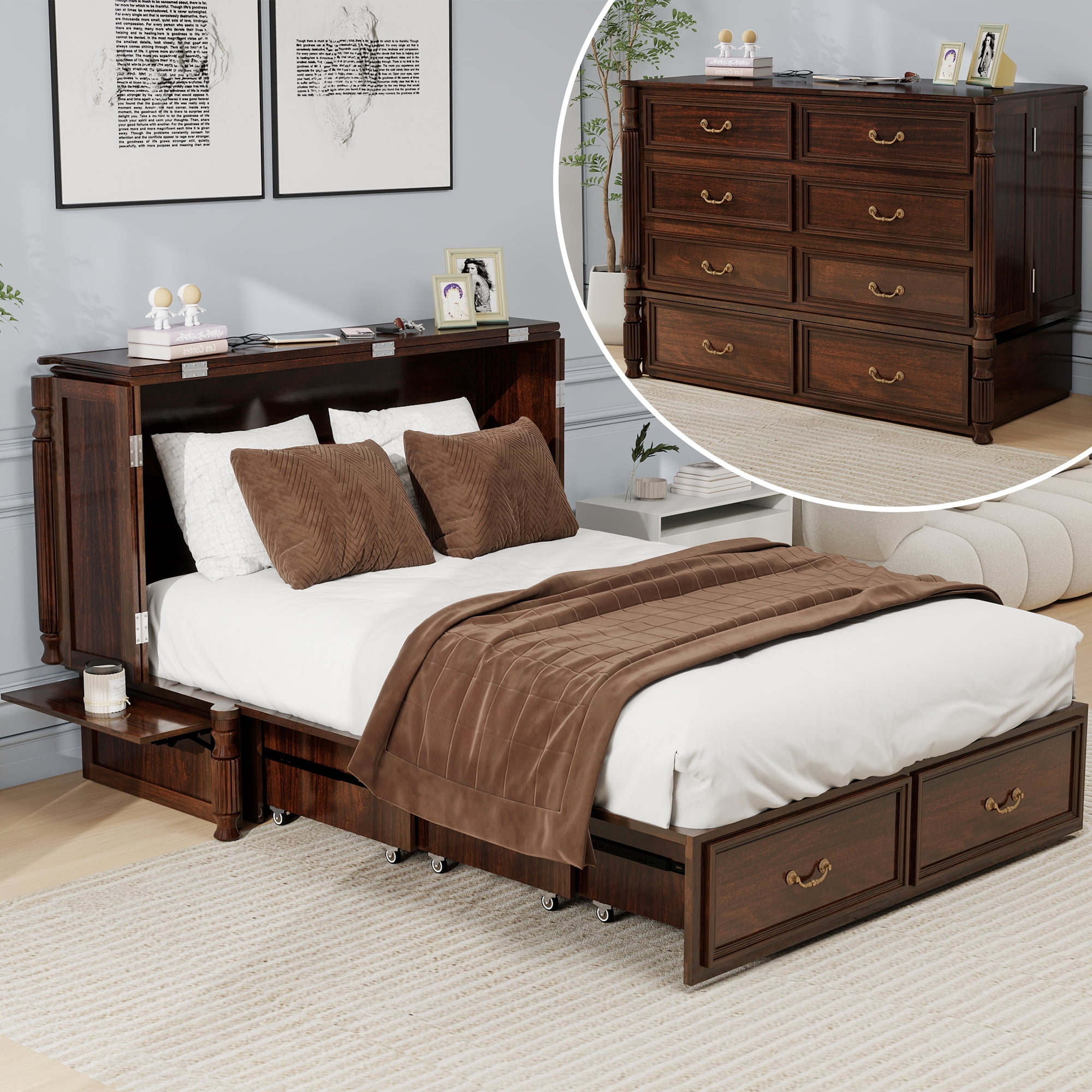GraceGrove Murphy Bed with USB Ports and Charging Station, Solid Wood ...