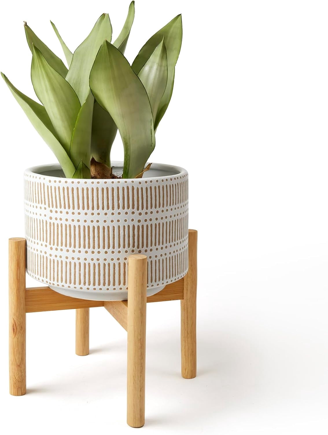 GraceHome-US Ceramic Plant Pot with Wood Stand - 9.4 Inch Modern Round ...