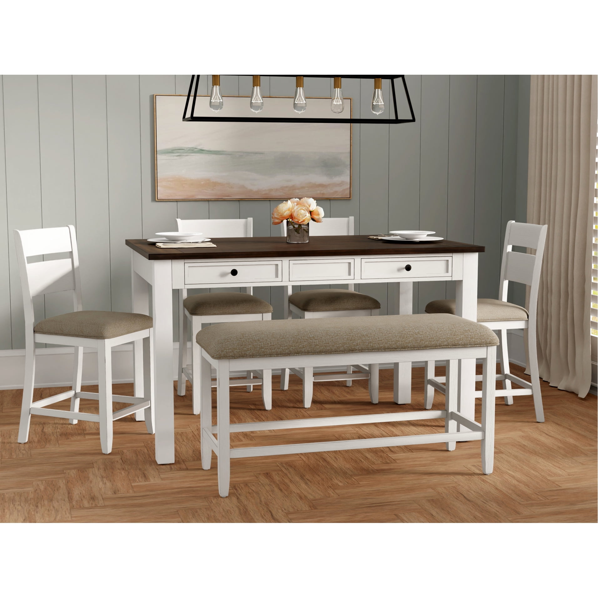 Graceful 6 Piece Dining In Brown And White, Bench Seating, Foam Filler ...
