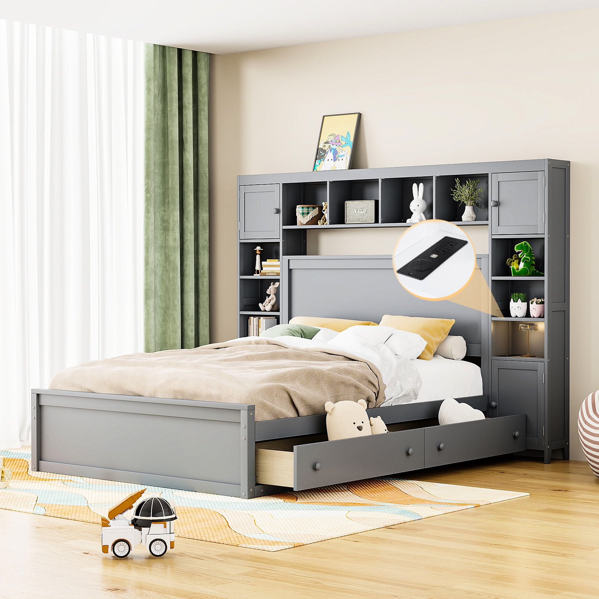 Graceful Queen Bed With One Cabinet, Shelf And Socket Setup - Gray ...