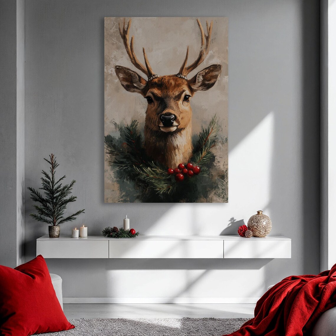 Graceful Reindeer Wall Art Winter Pine Wreath Poster Festive Stag ...