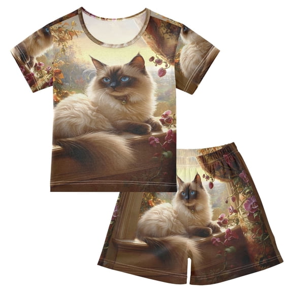Graceful Siamese Cat Pattern Summer Pajama Set Soft Cotton Short Sleeve ...