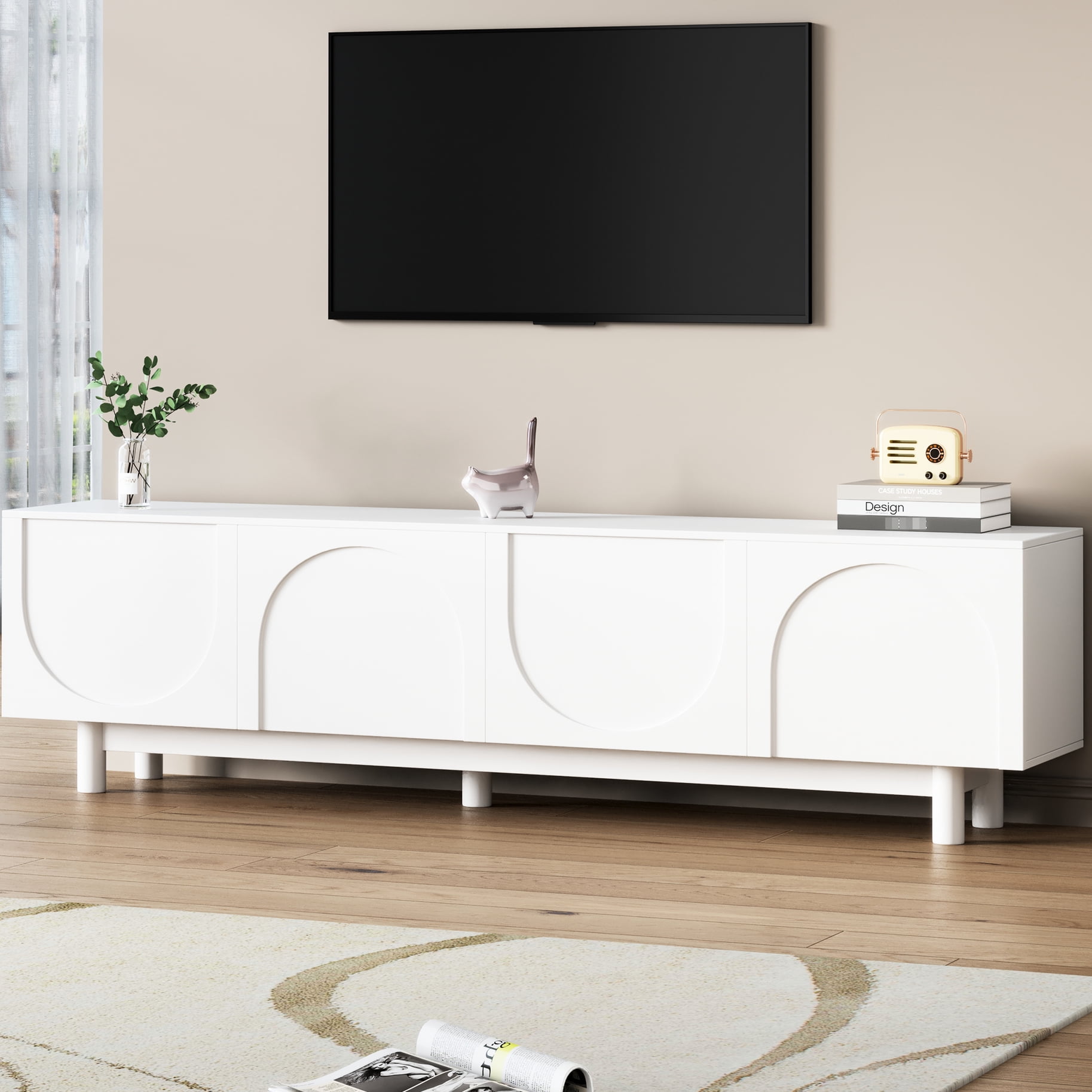 Graceful Tv Holder For 78" Screen: Minimalist, White, Solid Wood Legs ...
