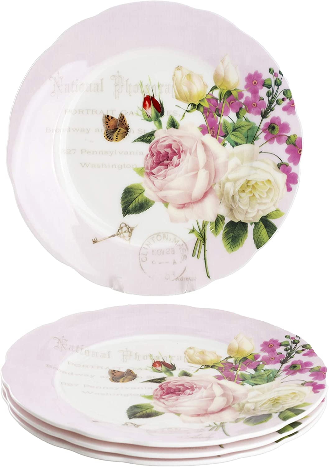 Gracie Bone China by Coastline Imports Pink Rose Butterfly 7.5-Inch Set ...