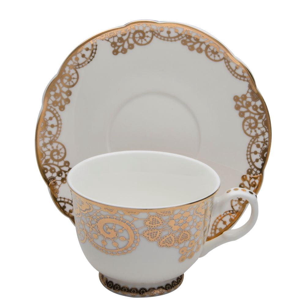 Gracie China Lace Berry Porcelain 8-Ounce Teacup and Saucer, 2 Cups, 2 ...