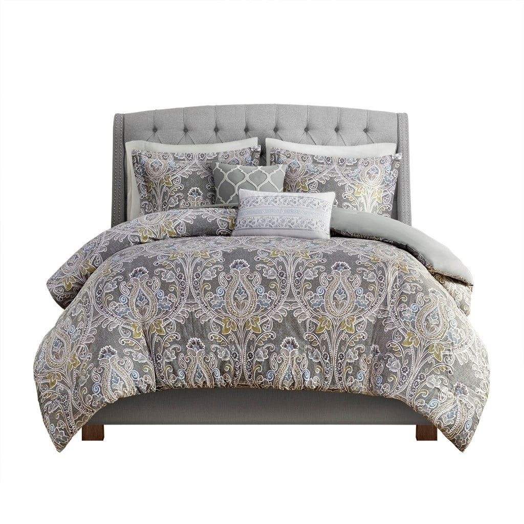 Gracie Mills Brant Damask 5-Piece Cotton Duvet Cover Set - GRACE-10483 ...