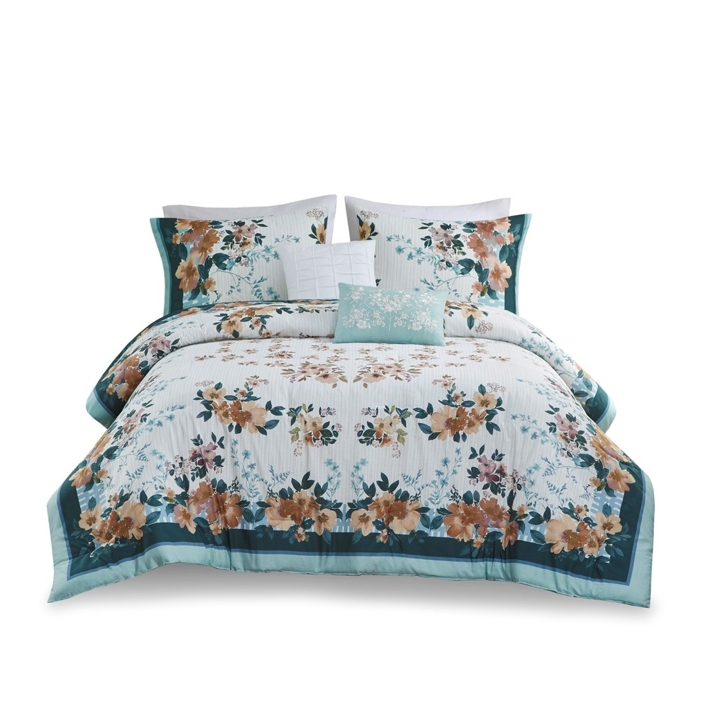 Gracie Mills Lemuel Floral Cotton Comforter Set Teal Grey Twin Size ...