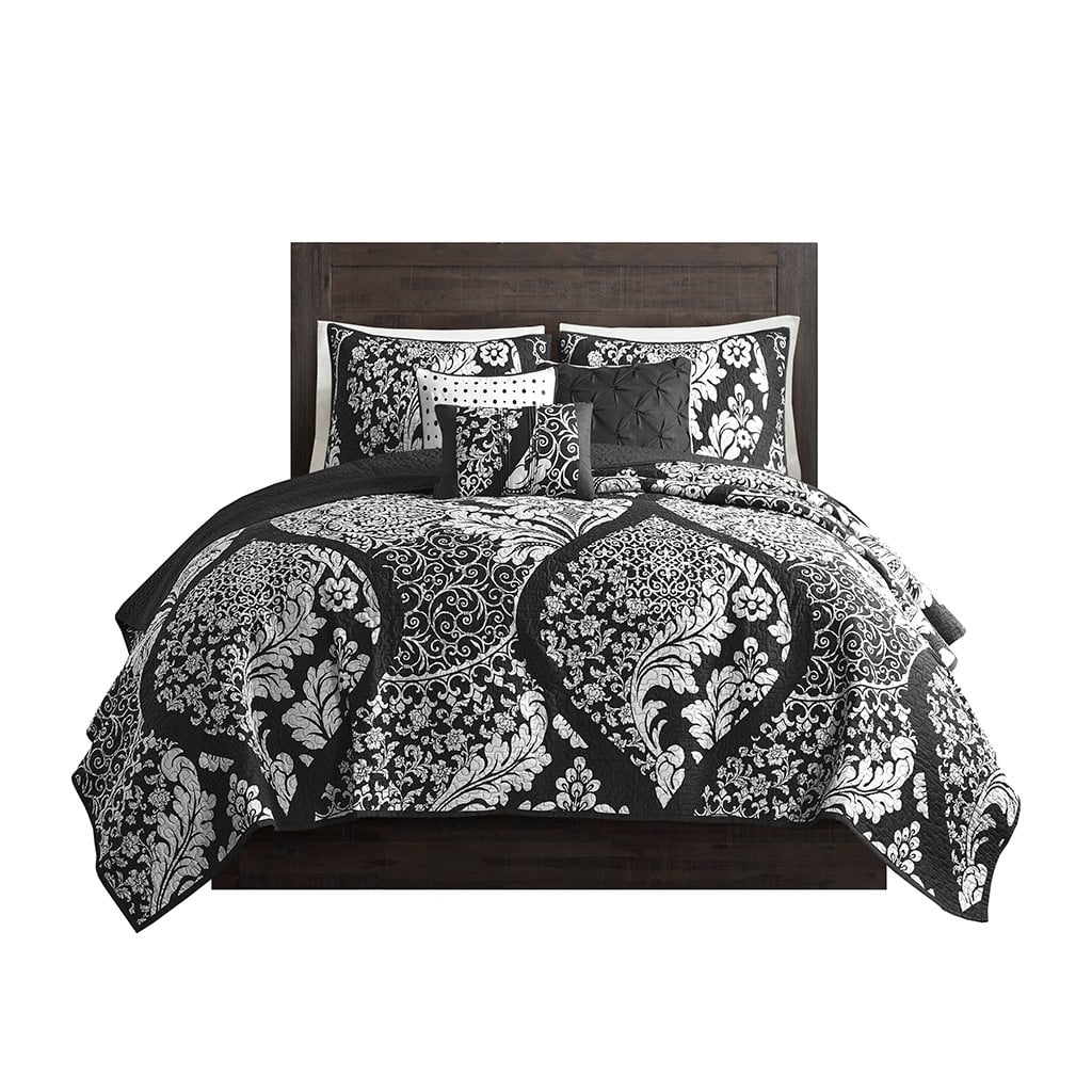 Gracie Mills Muriel 6 Piece Damask Printed Cotton Quilt Set with Throw ...