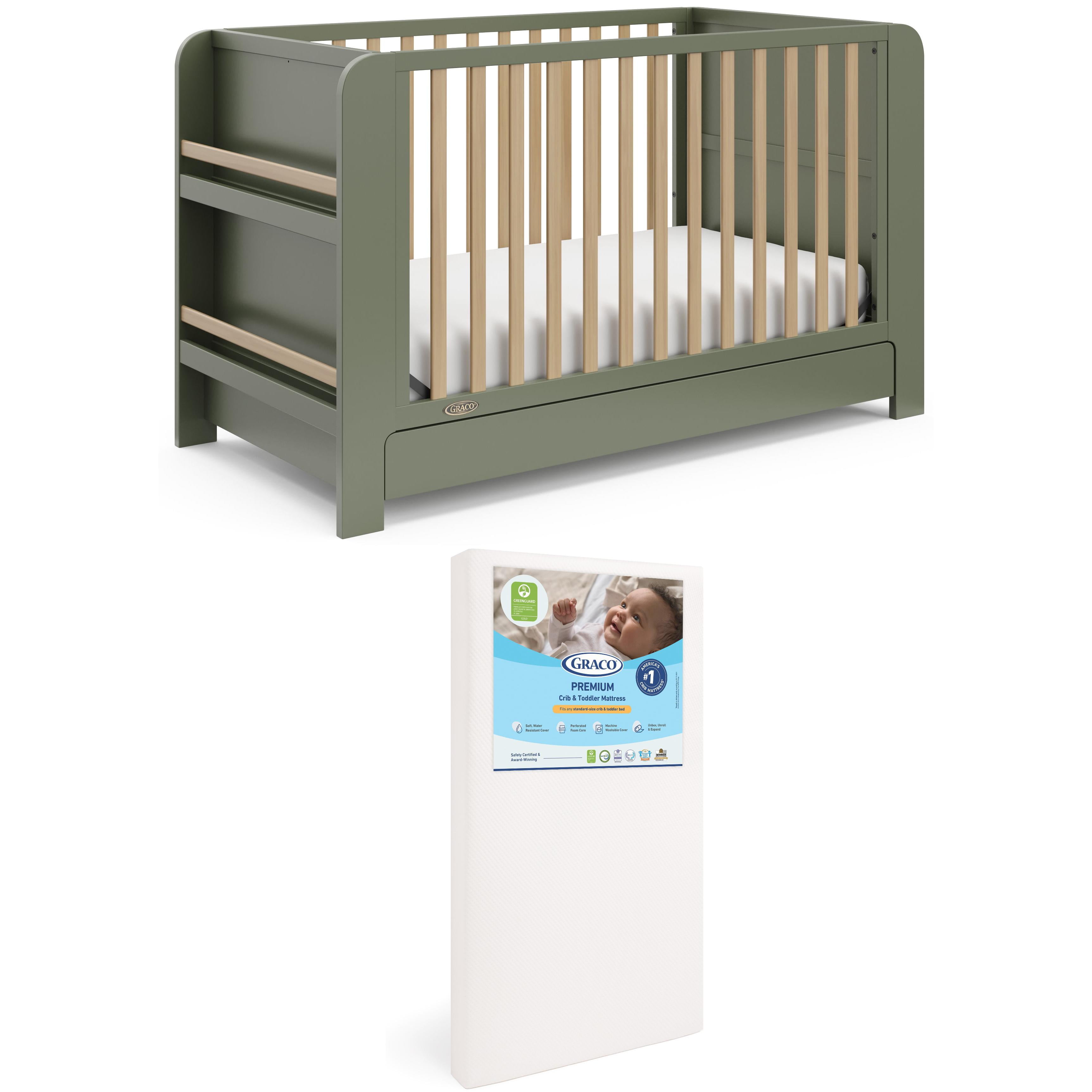 Graco Read-with-Me 4-in-1 Convertible Crib and Premium Crib & Toddler Mattress Bundle, Olive ...