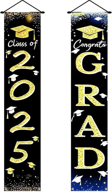 Grad Banner 2025 Graduation Decorations Banner Black and Gold Porch ...