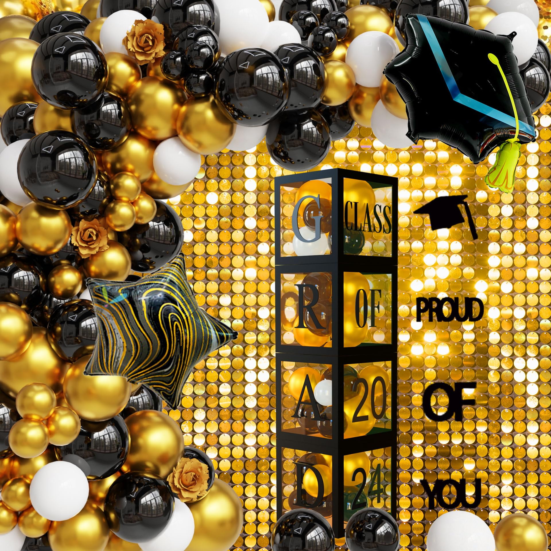 Grad Party Decorations 2024,4 Prom Boxes With Letters Black Gold Cap ...