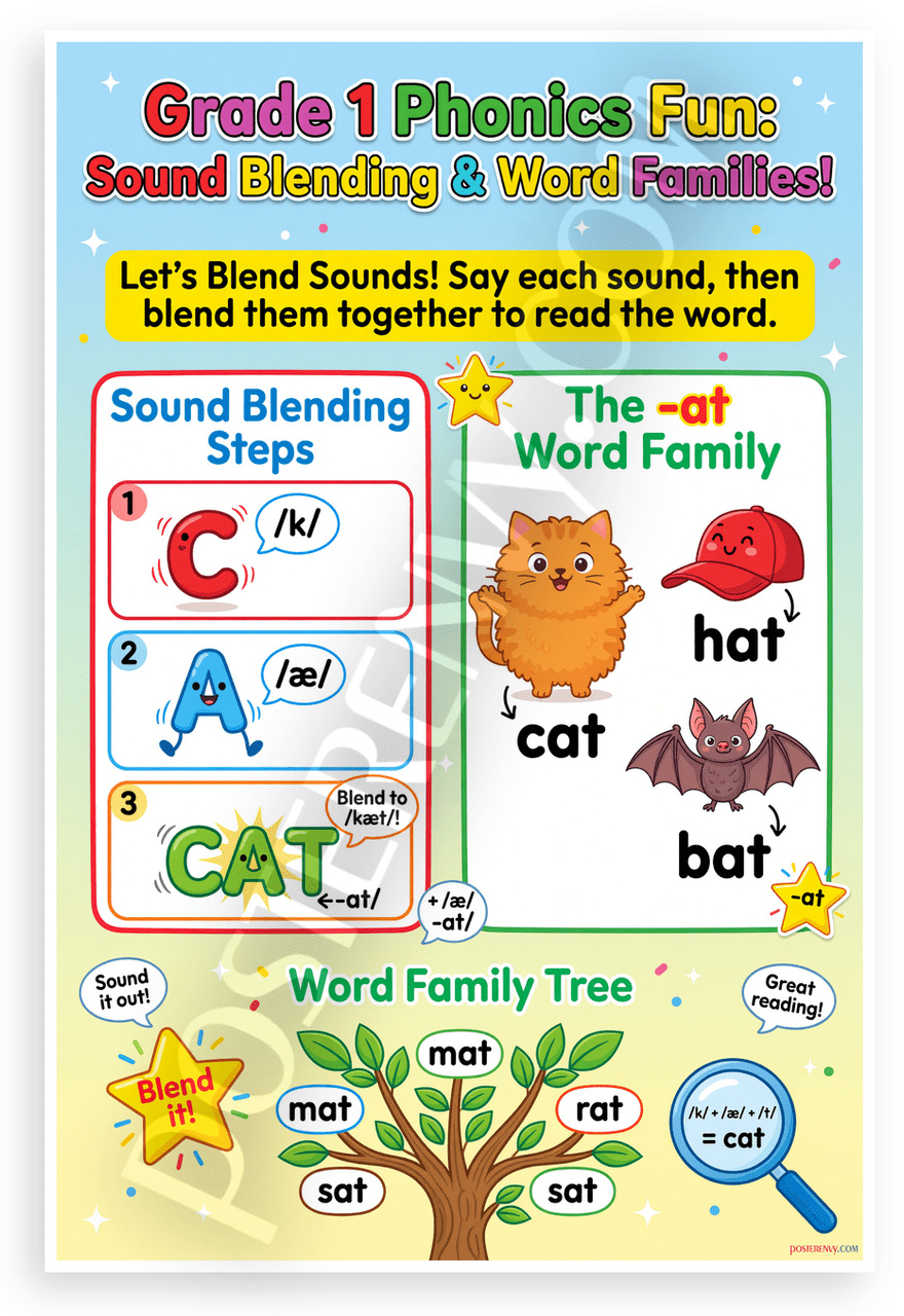 Grade 1 Phonics Fun Sound Blending and Word Families Educational 12x18 ...
