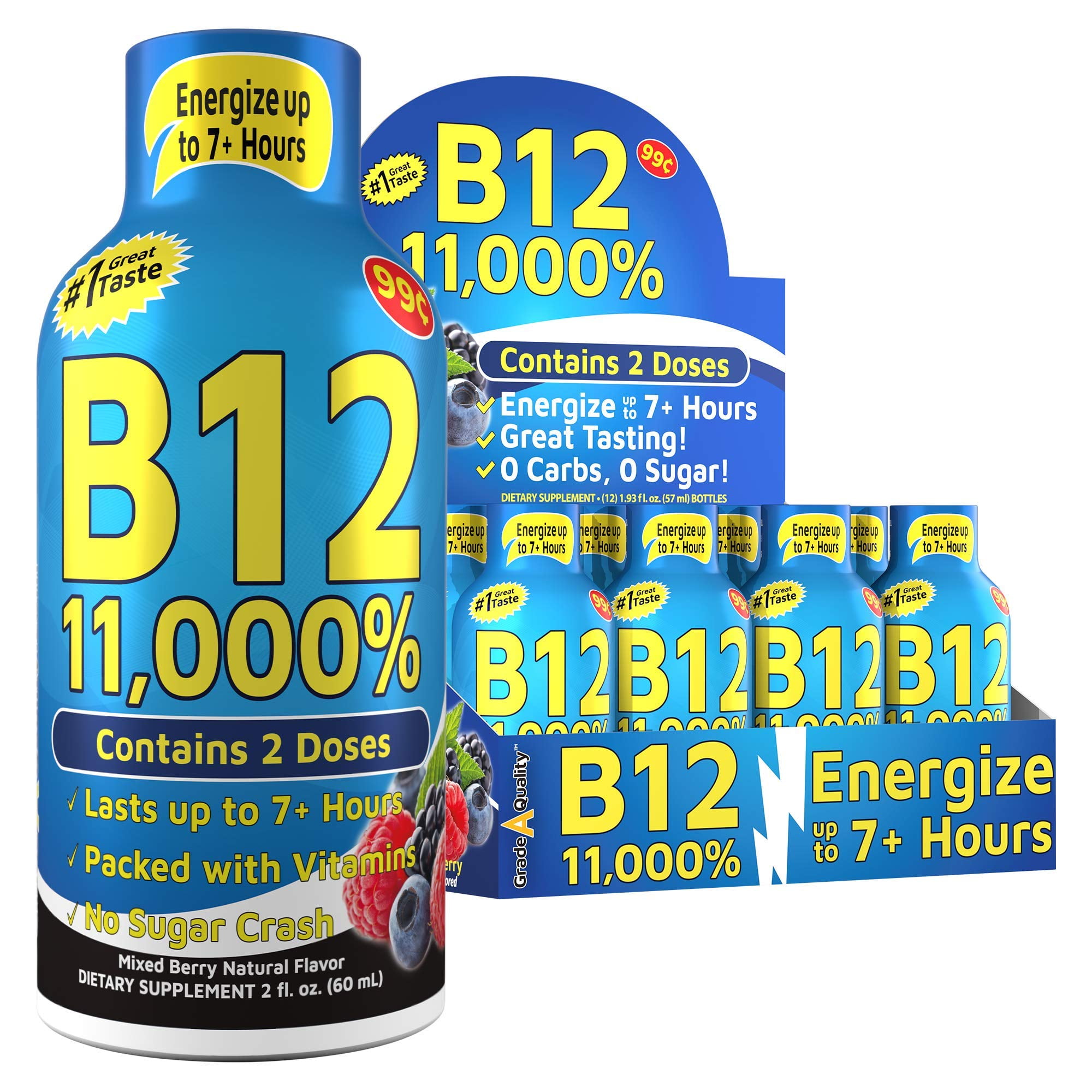 Grade A Quality Shots, B12 Shots, Up to 7+ Hours of Energy, 1.93 Fl Oz ...