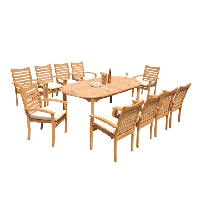 Grade-A Teak Dining Set: 10 Seater 11 Pc: 118" Oval Table And 10 Aspen Stacking Arm Chairs ...