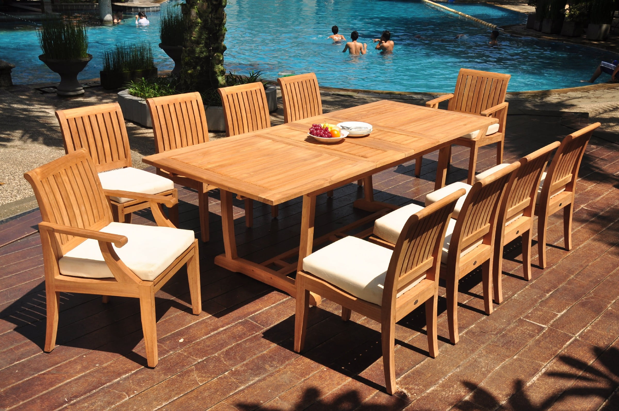 Grade-A Teak Dining Set: 10 Seater 11 Pc: 94" Double Extension Mas Rectangle Trestle Leg Table ...