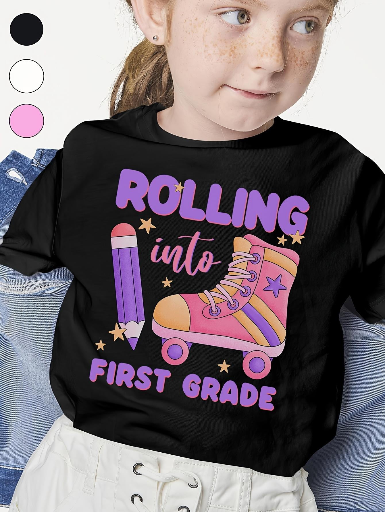Grade Rolling into First Grade - Cute Girl in Roller Skates Graphic Tee ...