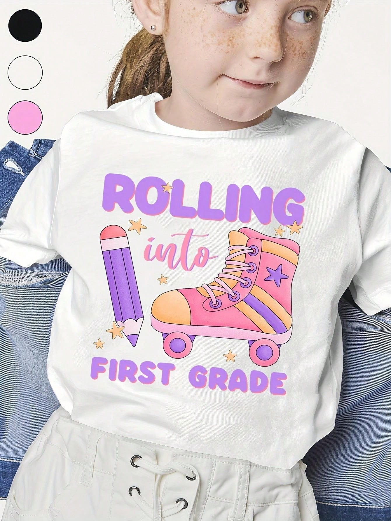 Grade Rolling Into First Grade - Cute Girl In Roller Skates Graphic Tee ...