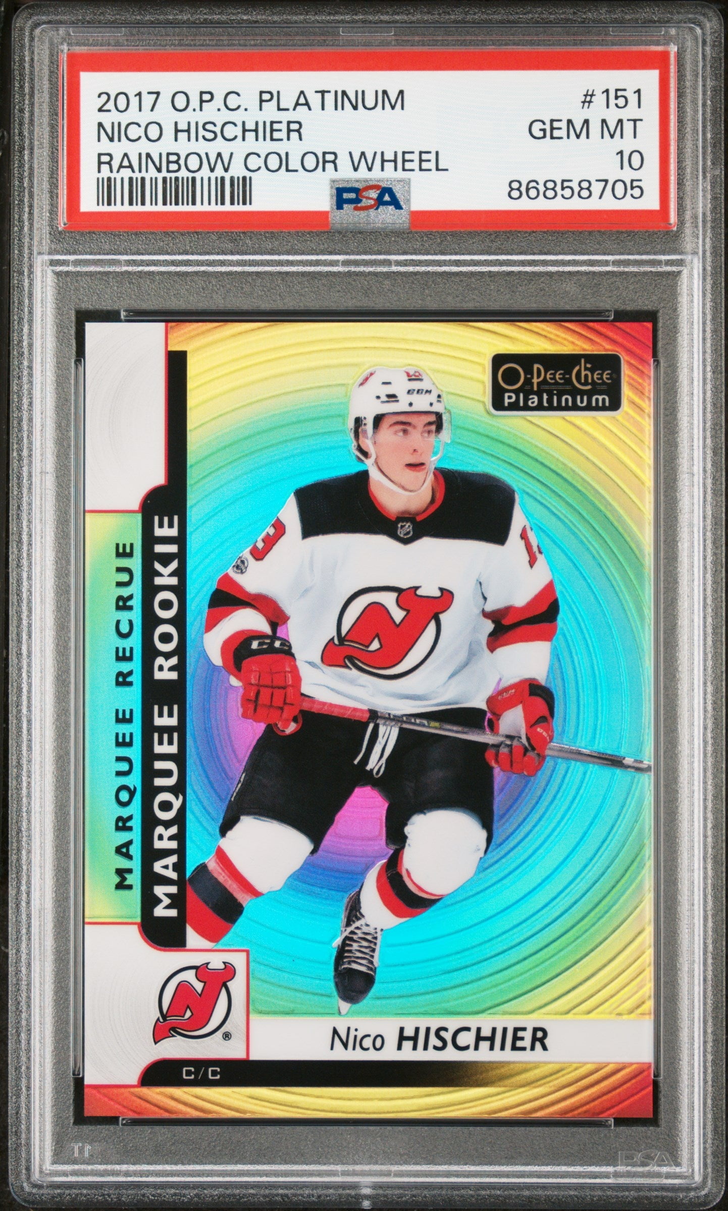 Graded 2017 UD O.P.C Platinum Nico Hischier #151 Rainbow Color Wheel Rookie RC Hockey Card PSA ...