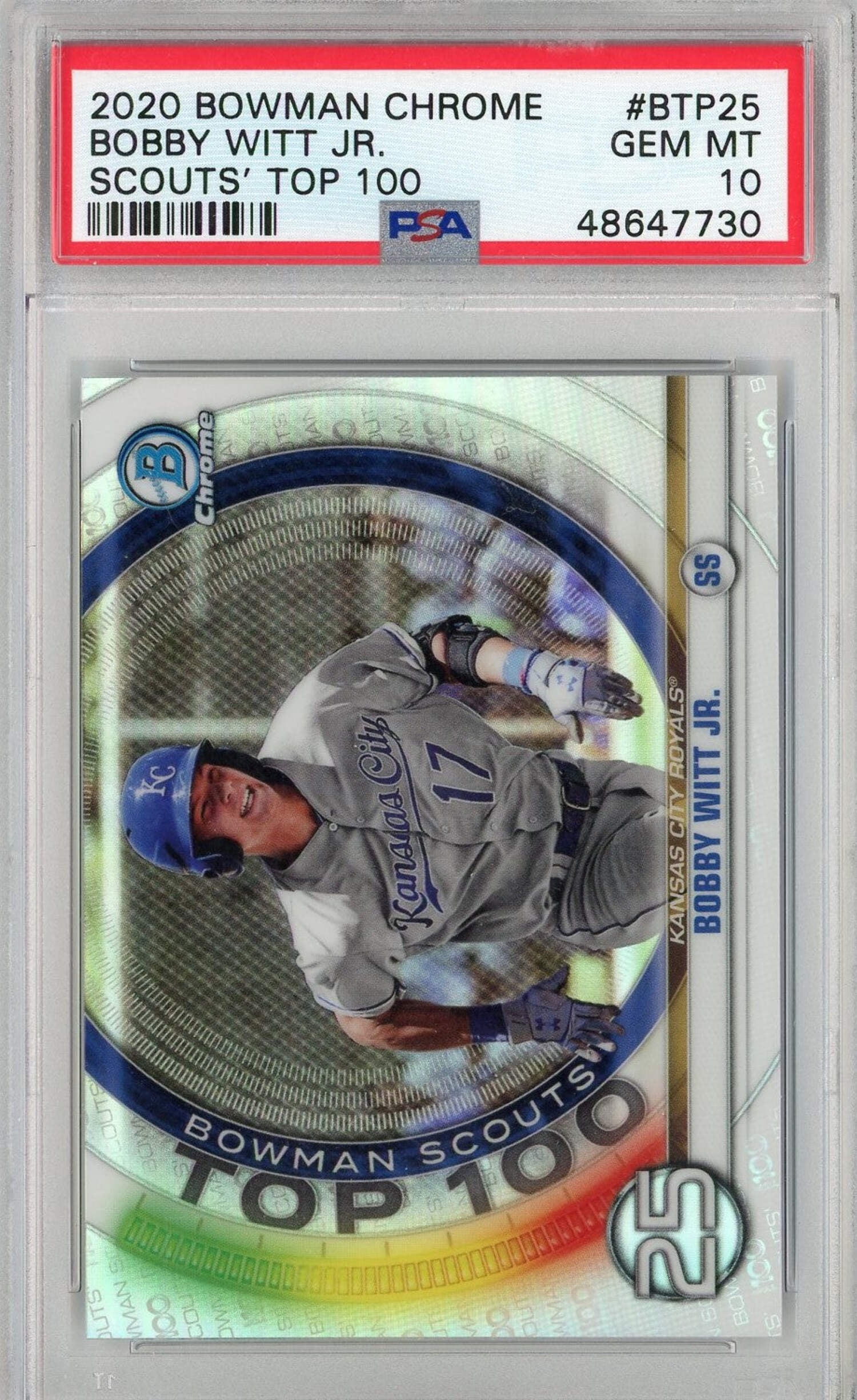 Graded 2020 Bowman Chrome Bobby Witt Jr #BTP25 Scouts Top 100 Rookie RC ...