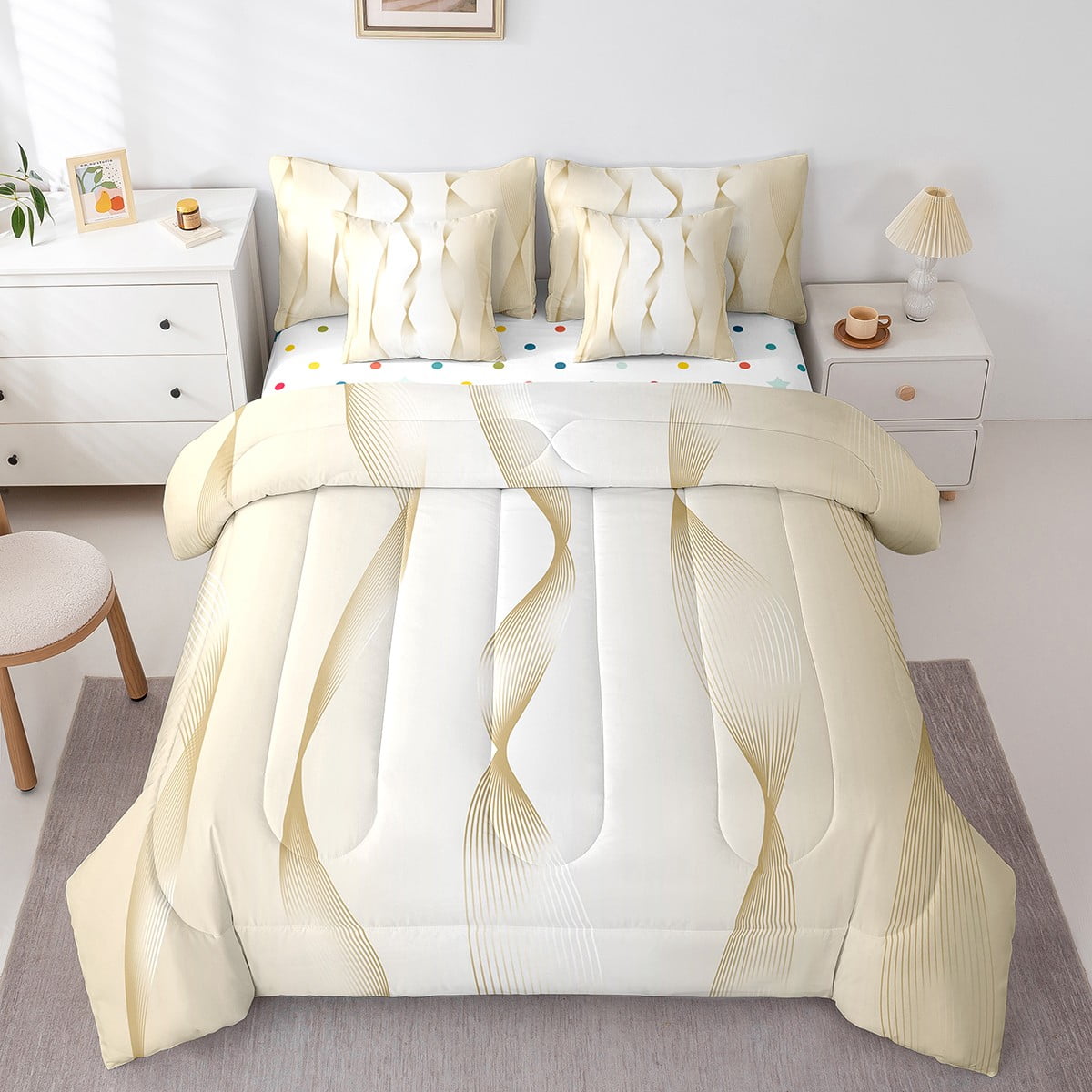 Gradient Beige and Greyish White Bed in a Bag King Size Comforter Set 7 ...